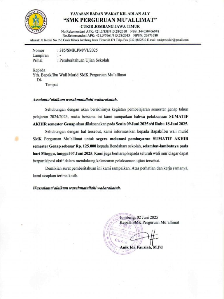 285 Surat Pemberitahuan UAS Genap Juni 2025 | PDF