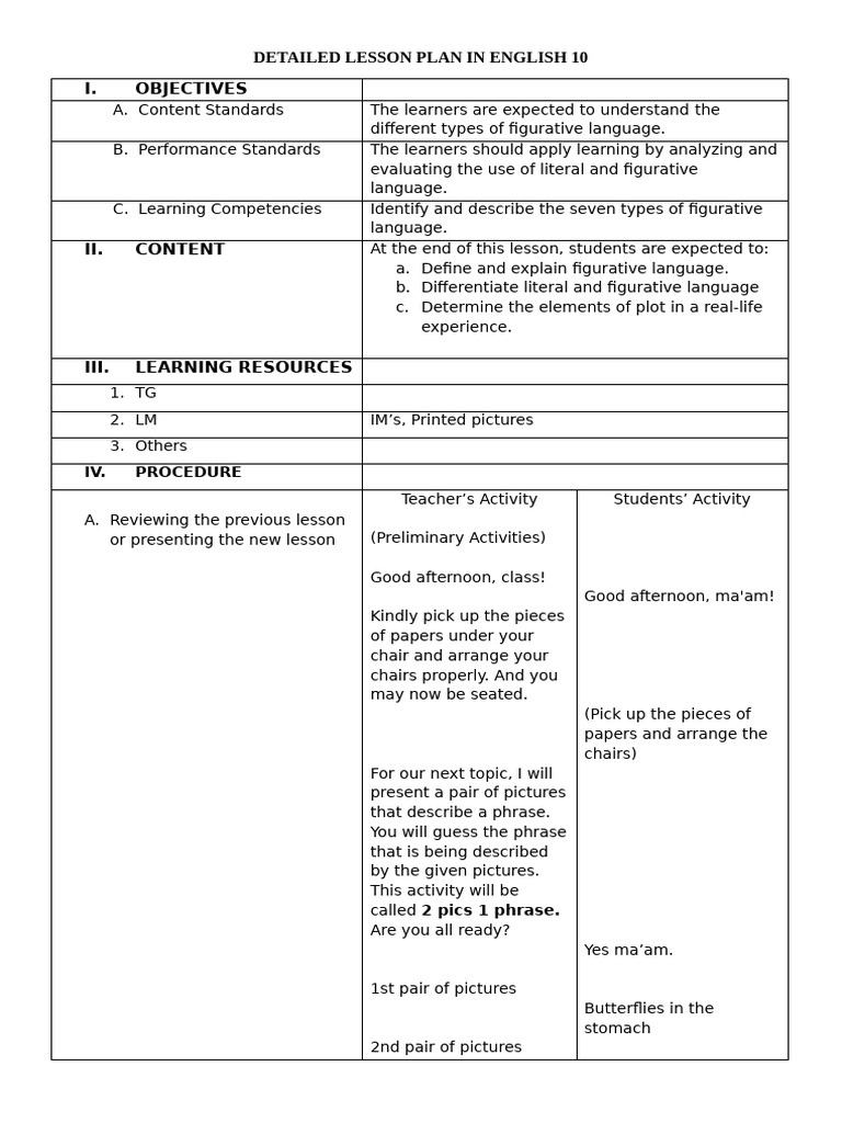 English 10 Lesson Plan: Figurative Language | PDF | Plot (Narrative ...