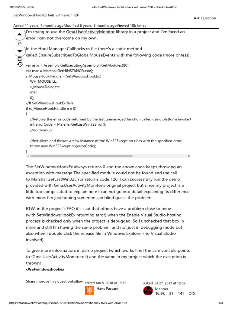 C# - SetWindowsHookEx Fails With Error 126 - Stack Overflow | PDF | C Sharp (Programming ...