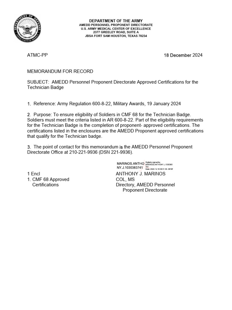 AMEDD Proponent Technician Badge Approved Certification Memorandum ...