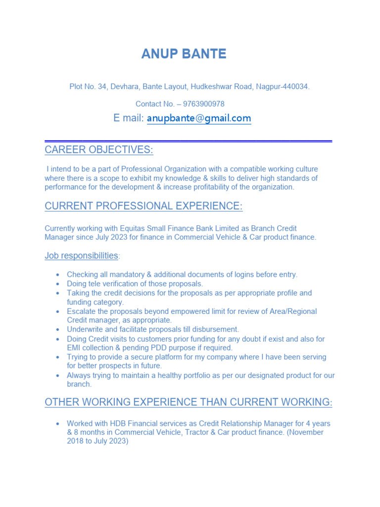 Resume - Anup Bante - Credit Manager | PDF