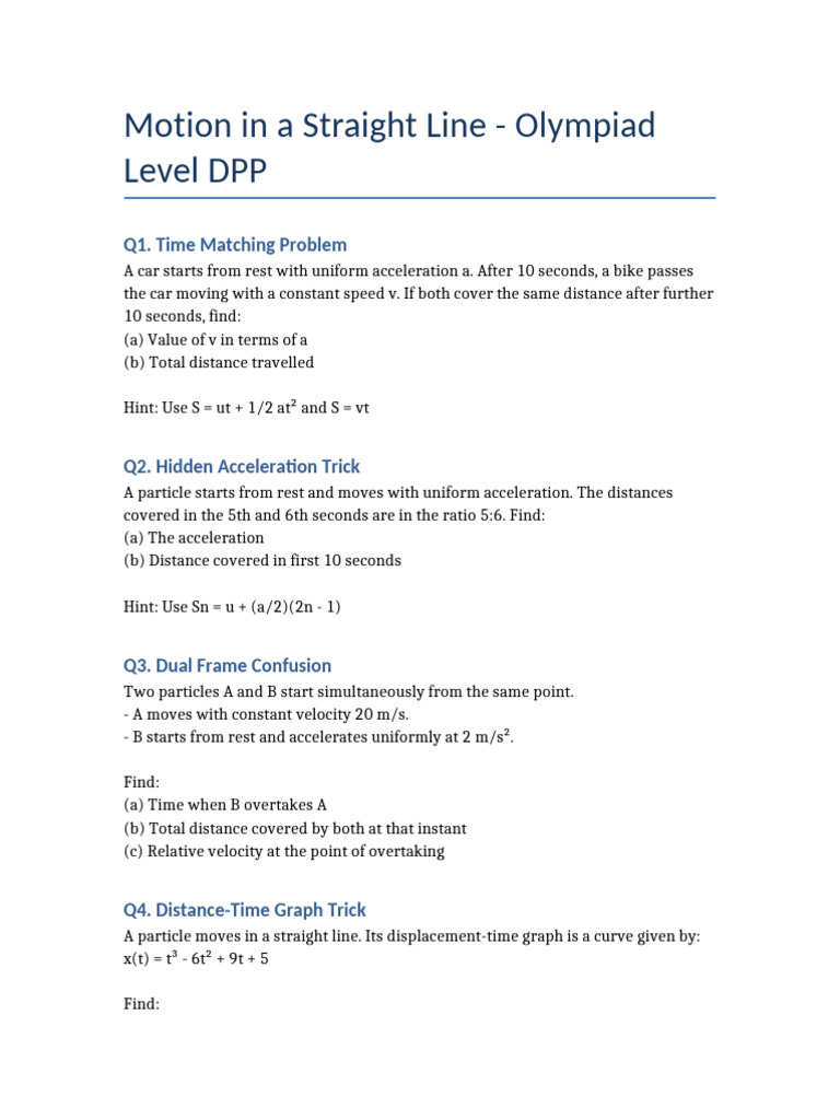 Motion in Straight Line DPP Hard | PDF