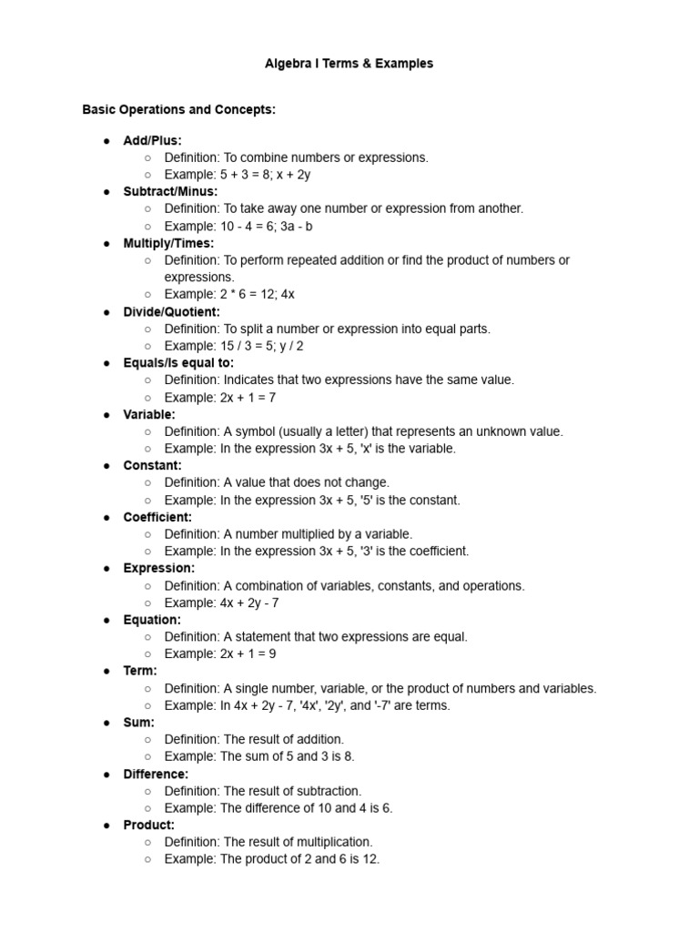 Algebra I Terms and Examples Guide | PDF | Zero Of A Function | Algebra
