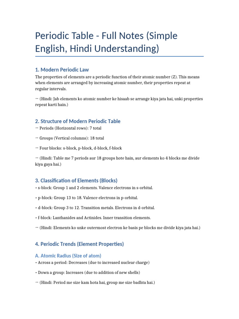 Periodic Table Notes in Hindi | PDF | Periodic Table | Atoms