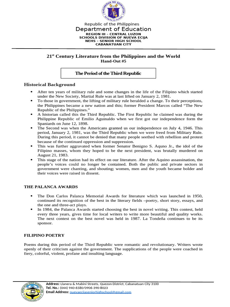 Hand Out 5 in 21st Century Lit | PDF | Philippines