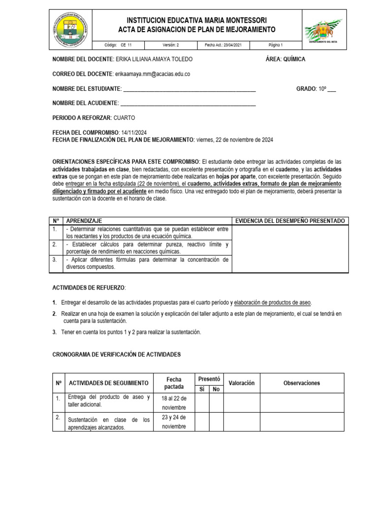 Plan de Mejoramiento - Grado DÃ©cimo 4P | PDF | Mole (Unidad) | Química