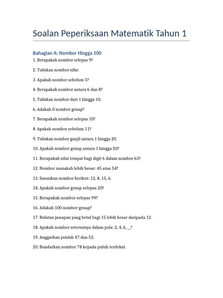 Soalan Peperiksaan Matematik Tahun 1 | PDF