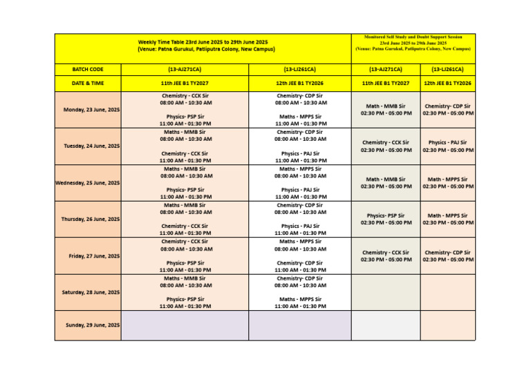 Weekly Time Table - 23-06-2025 To 29-06-2025 - 11th &12th JEE | PDF