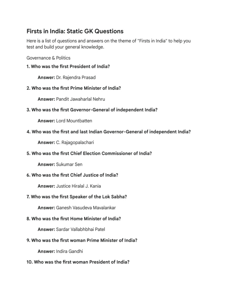 Firsts in India: Static GK Quiz | PDF | Jawaharlal Nehru | Government ...