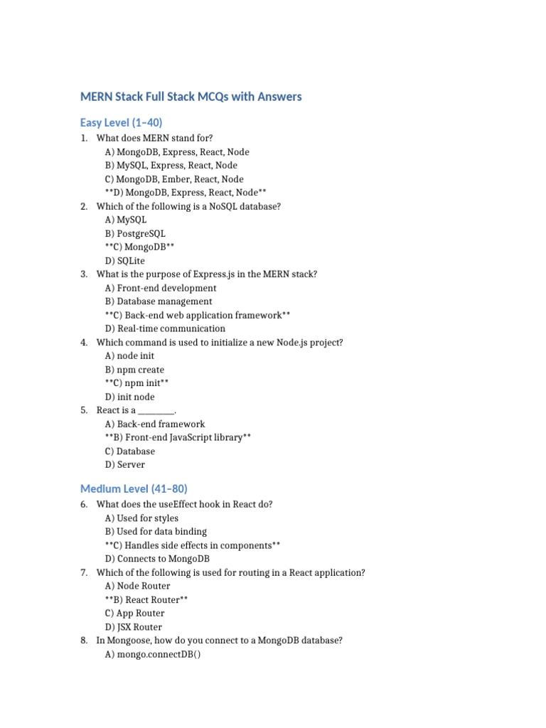 MERN Stack Full Stack MCQs | PDF