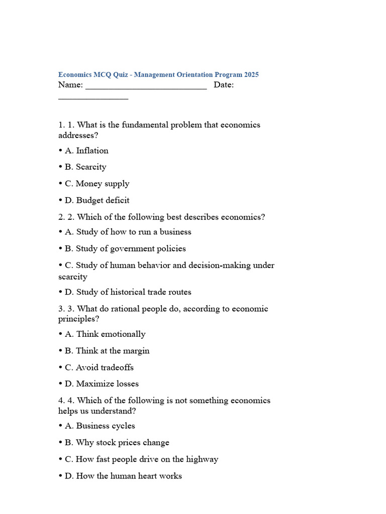 Economics MCQ Quiz for 2025 Program | PDF