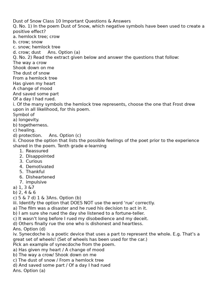 Class 10 Dust of Snow Q&A Guide | PDF | Poetry