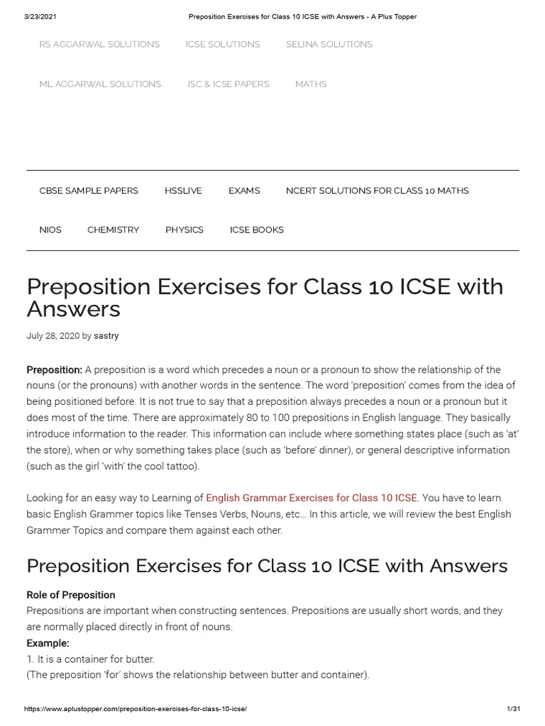 Class 10 ICSE Preposition Exercises | PDF | English Grammar | Pronoun