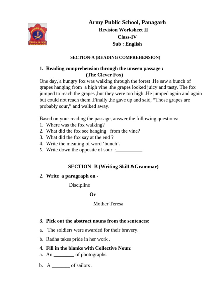 Eng Worksheet - 2 (Class 4) | PDF