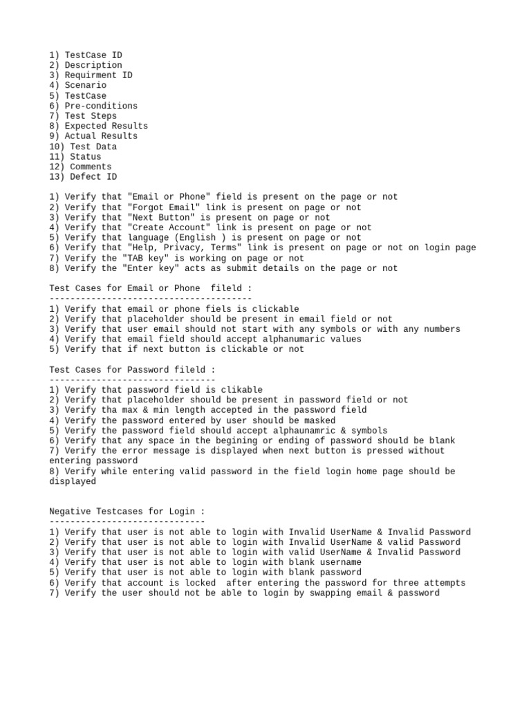 Login Page Test Cases Overview | PDF