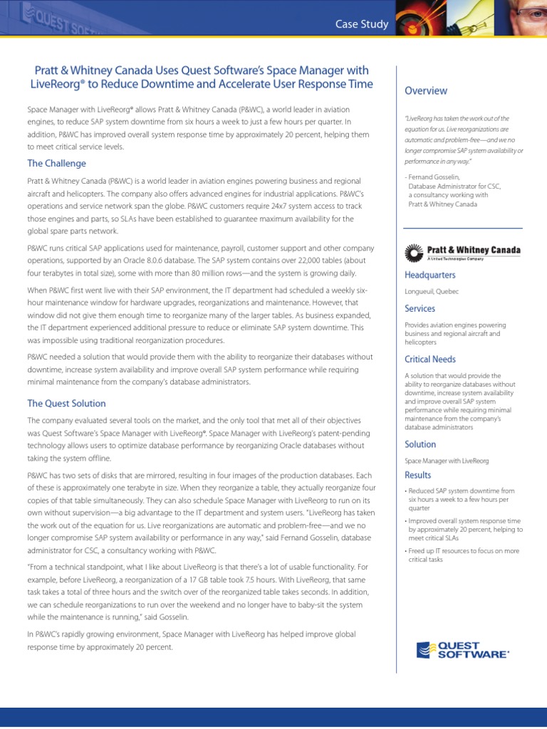 Pratt & Whitney Canada Uses Quest Software's Space Manager With ...