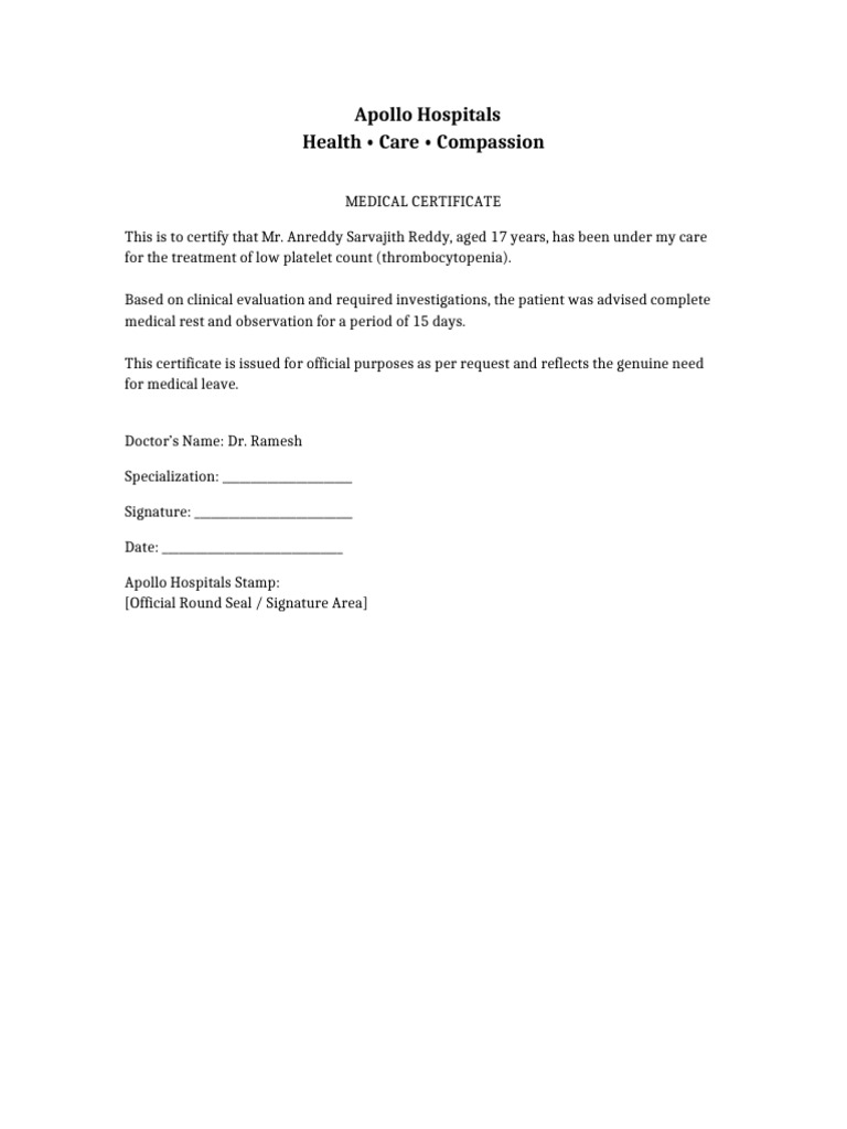 Apollo Hospital Medical Leave Certificate | PDF
