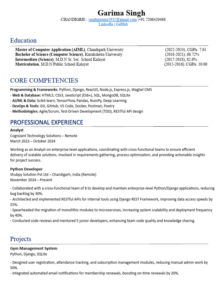 Garima Singh: AI/ML Developer Resume | PDF | Python (Programming ...
