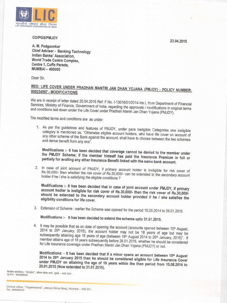 Letter To IBA DT 23.4.15 Reg. PMJDY Poicy No - Modification | PDF