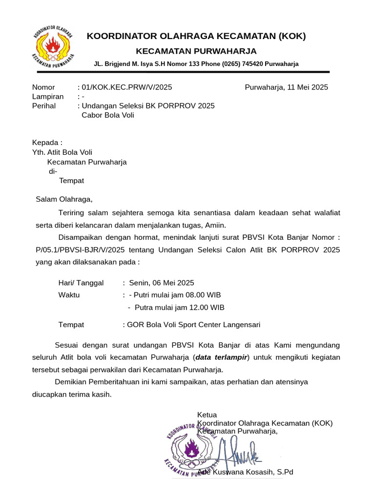 Undangan Seleksi BK Porprov Banjar 2025 | PDF