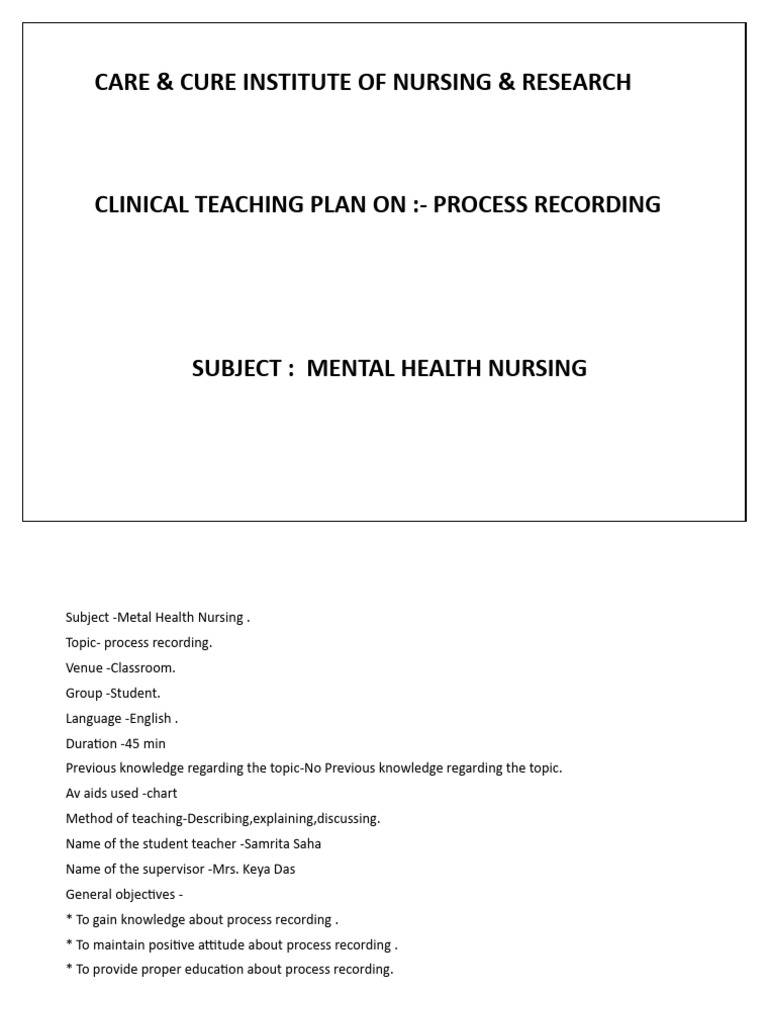 Mental Health Nursing: Process Recording Guide | PDF | Knowledge | Nursing