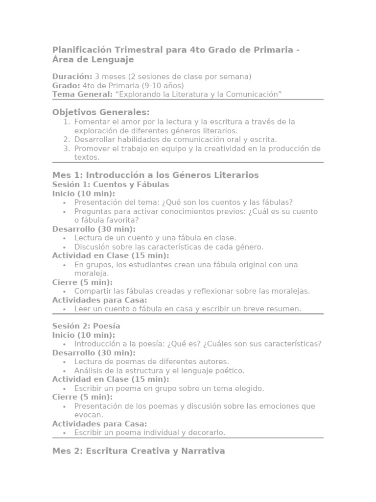 Planificación Lenguaje 4to Grado Primaria | PDF | Poesía | Cuentos