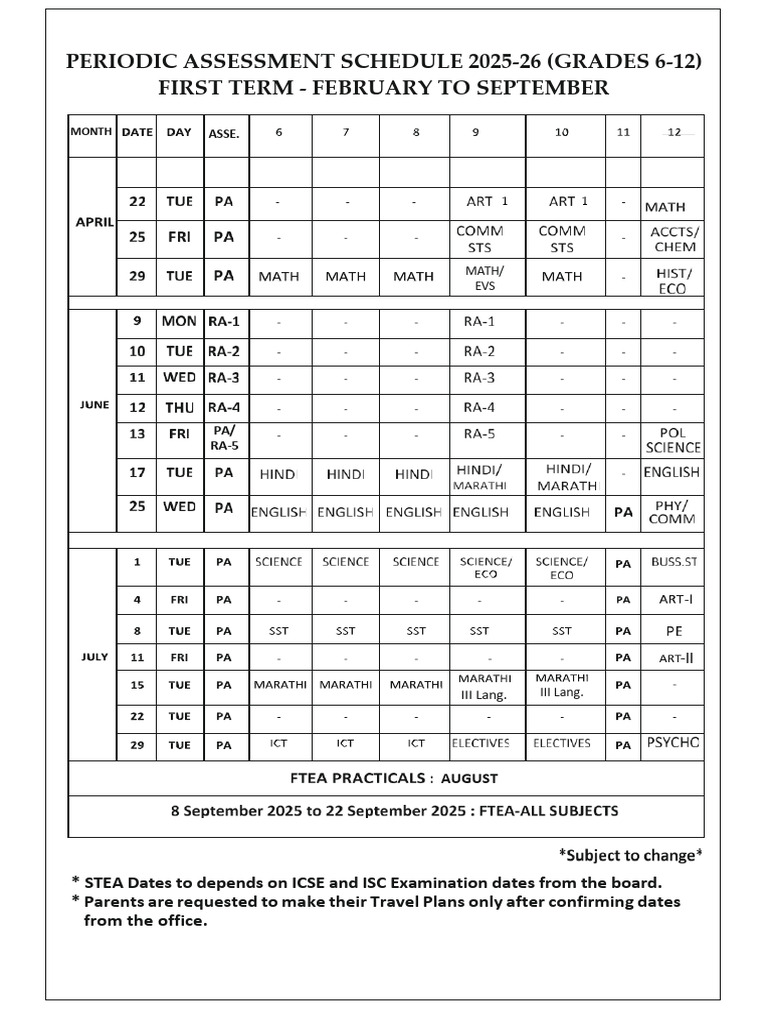 2025-26 Periodic Assessment Schedule | PDF