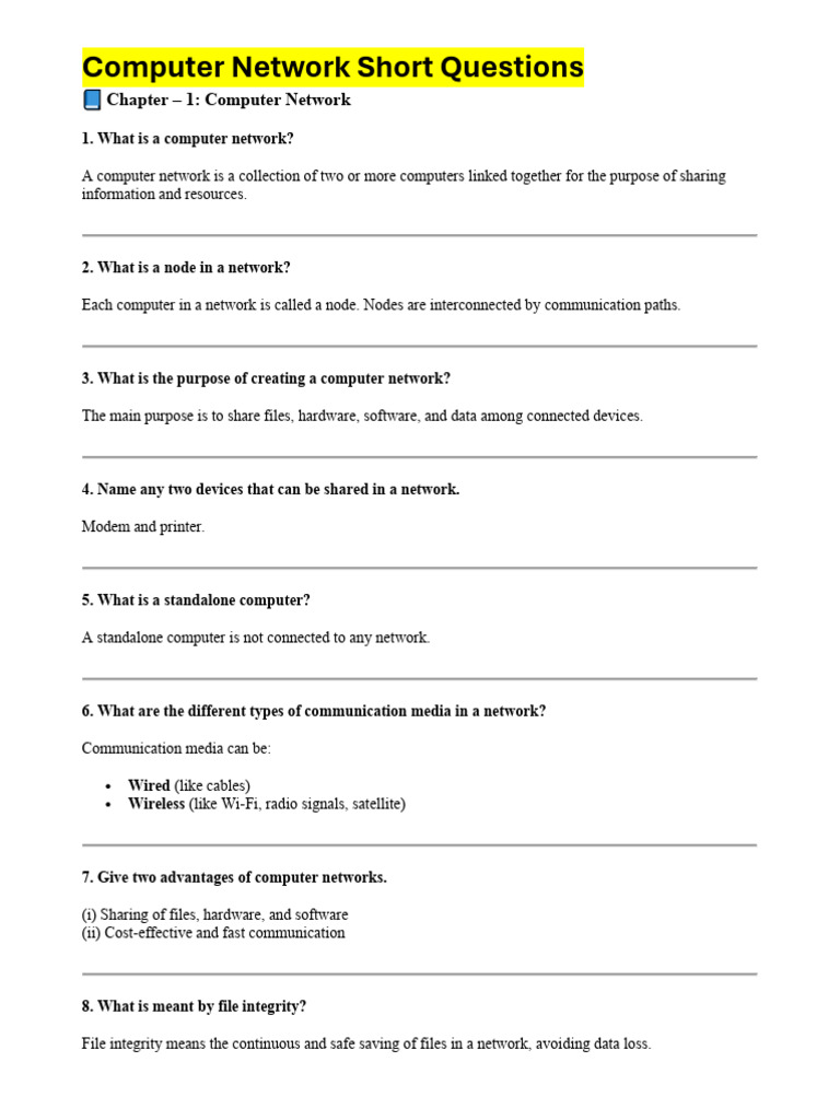 Computer Network Short Questions - Upto Data Communication | PDF | Computer Network ...