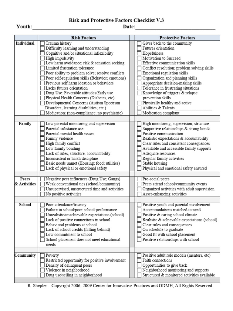 Youth Risk and Protective Factors Checklist | PDF | Mental Disorder ...