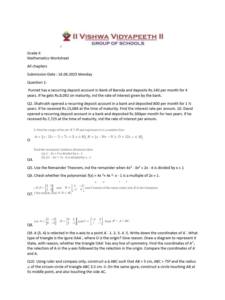Grade X Math Worksheet 16.06 2025 | PDF