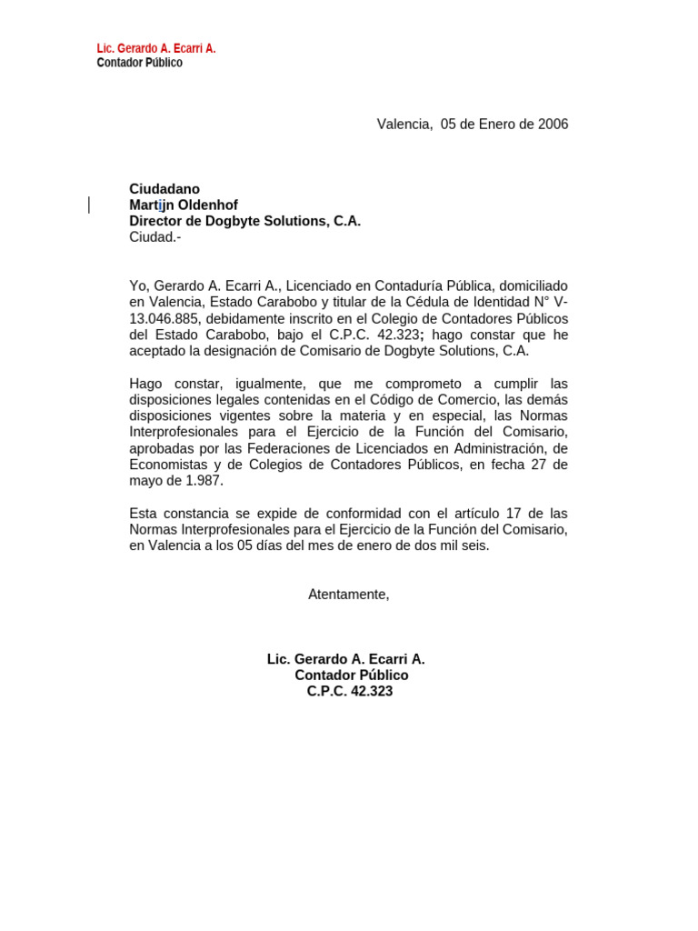 Aceptacion Comisario | PDF