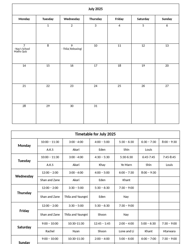 Timetable For July 2025 - 2ceaf4b6 21f8 4366 Ad08 Cfb53efb1724 | PDF