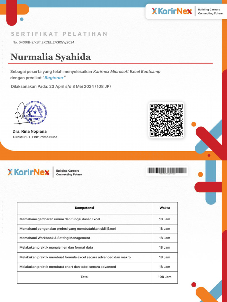 Sertifikat Karirnex Bootcamp Excel 2 - Nurmalia Syahida | PDF