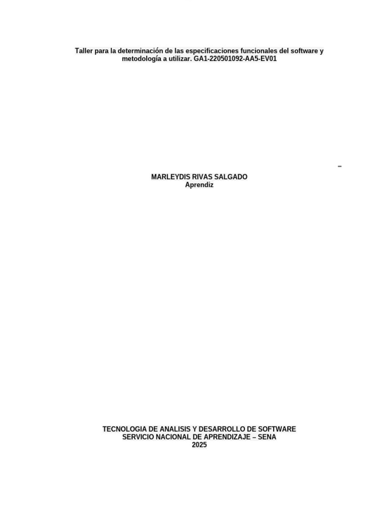 Taller para La Determinacion de Las Especificaciones Funcionales Del Software y Metodologia A ...