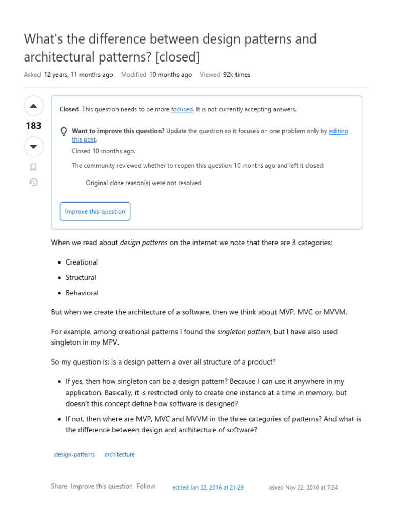 Architecture - What's The Difference Between Design Patterns and Architectural Patterns - Stack ...