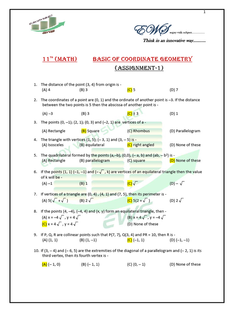 11TH Basic of Co-Ordinate Geometry Assignment-1 With Key | PDF ...