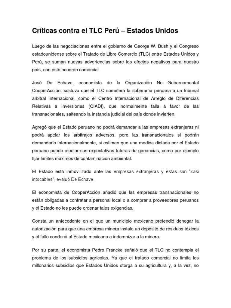 Críticas al TLC Perú-EE.UU. | PDF | Perú | Corporación multinacional