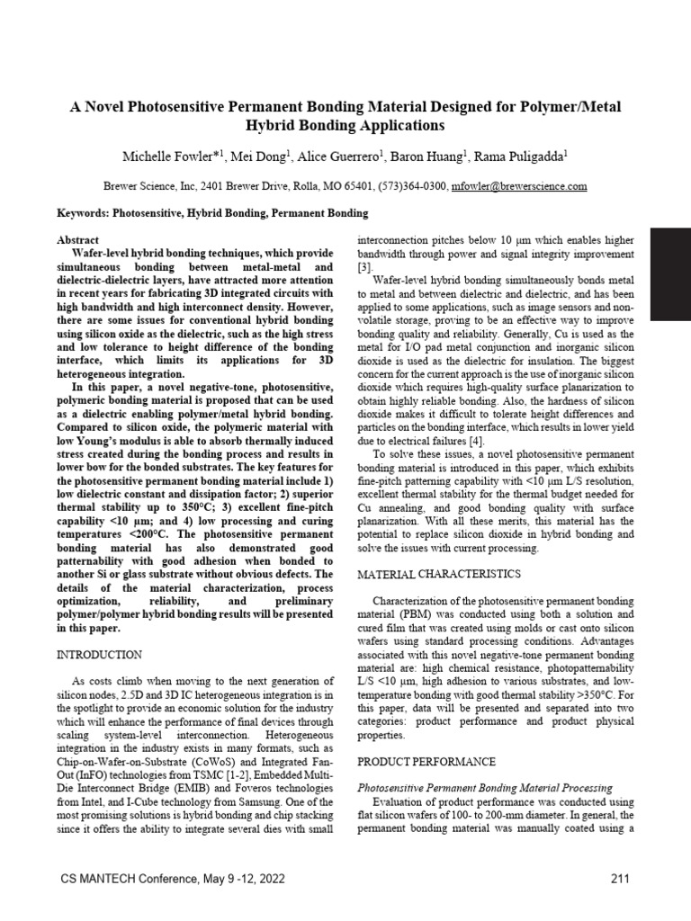 A Novel Photosensitive Permanent Bonding Material Designed For Polymer ...