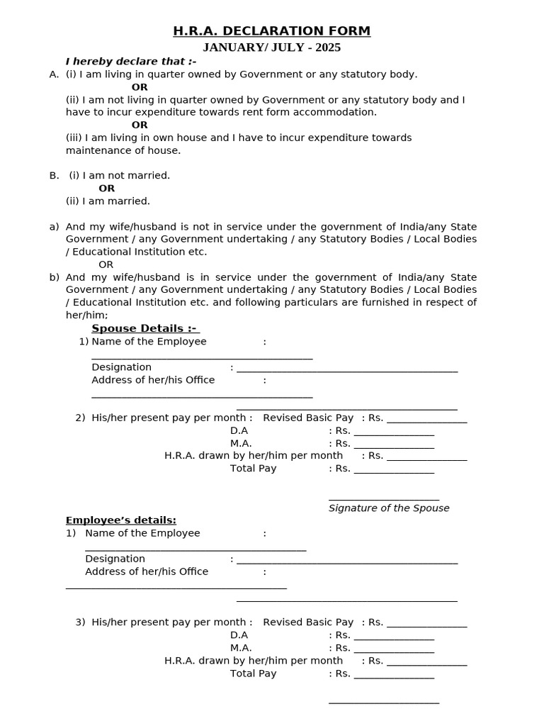HRA Declaration Form Blank NEW 2025 | PDF | Social Institutions | Marriage
