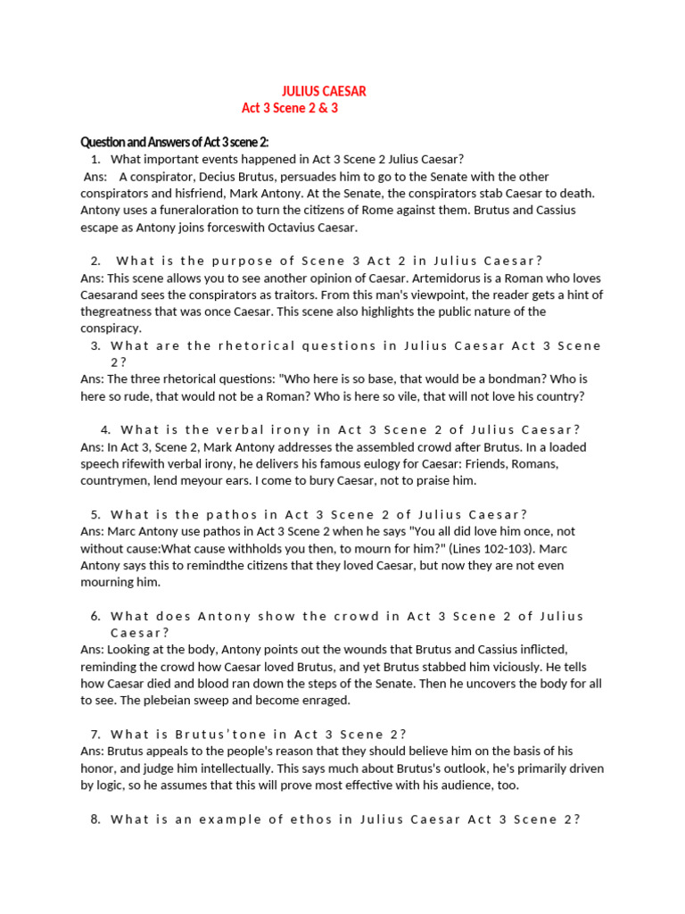 Julius Caesar Act 3 Scene 1,2&3 Question and Answers | PDF | Mark ...