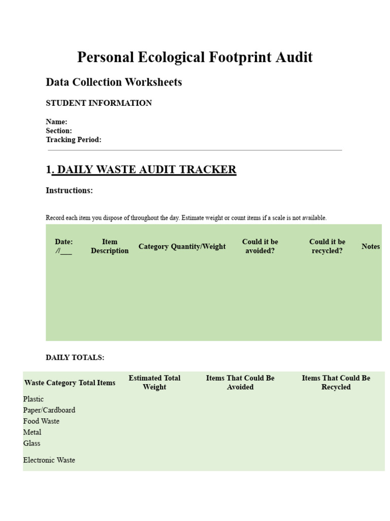 Ecological Footprint Tracking Worksheets | PDF | Meal | Waste