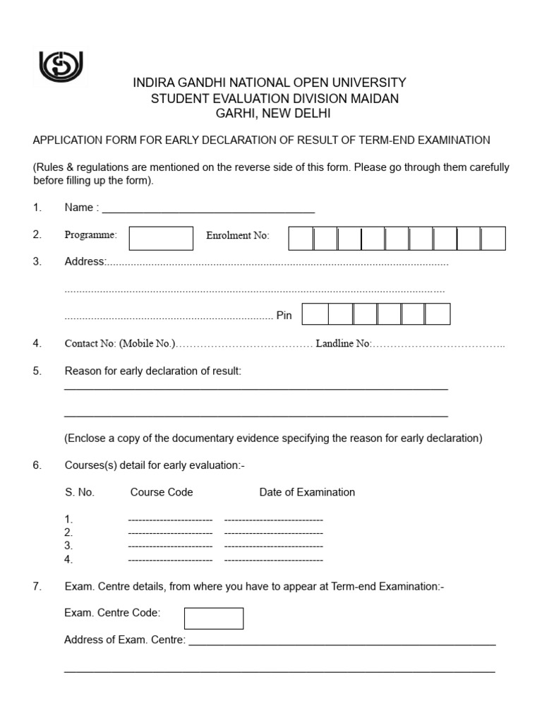 IGNOU Early Result Declaration Form | PDF