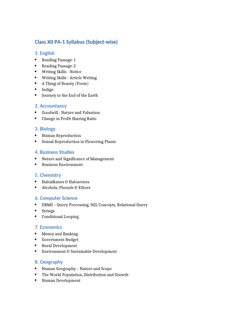 Class XII PA-1 Syllabus (Subject-Wise) : 1. English | PDF