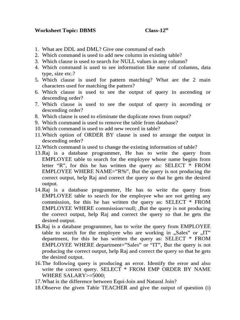 Worksheet Topic DBMS 2025-26 | PDF | Databases | Table (Database)