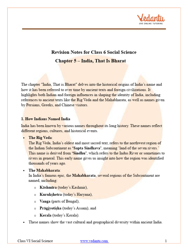 CBSE Social Science Class 6 Chapter 5 - India, That Is Bharat Notes PDF ...