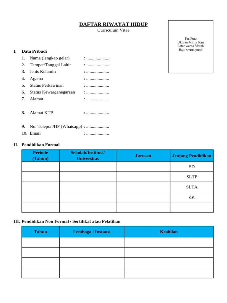 Template Daftar Riwayat Hidup (CV) TPM 2025 | PDF