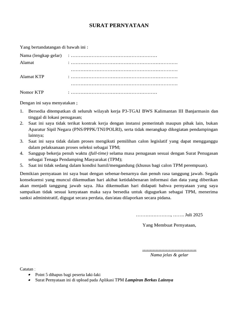 Template Surat Pernyataan TPM P3-TGAI 2025 | PDF