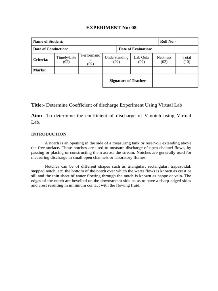 V-Notch Discharge Coefficient Experiment | PDF | Fluid Dynamics ...