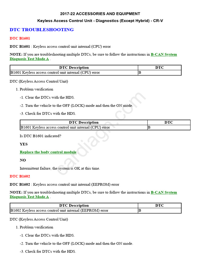 Keyless Access Control Unit DTC Guide | PDF | Troubleshooting | Electronics