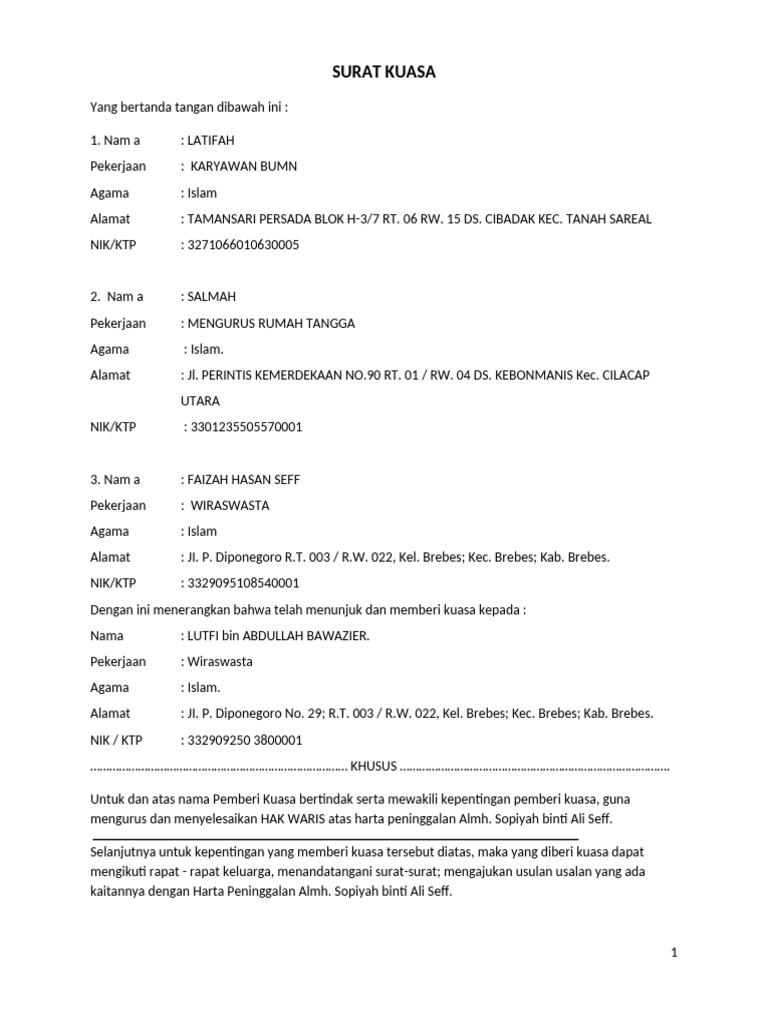 Surat Kuasa Pengurusan Harta Waris | PDF